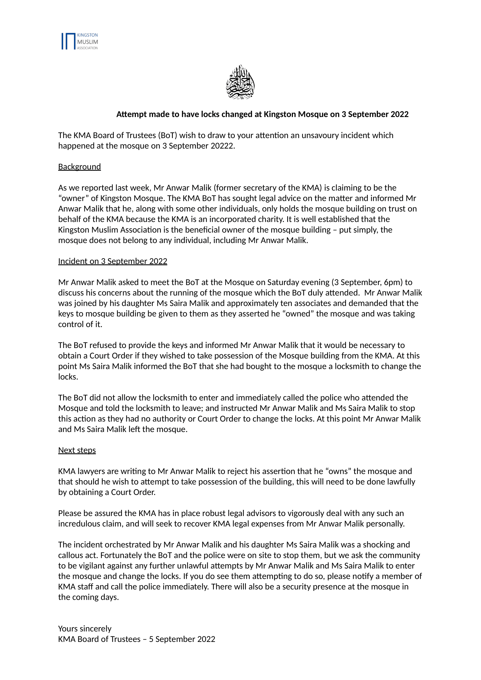 KMA Notice On Attempt to Change Mosque Locks – KMA